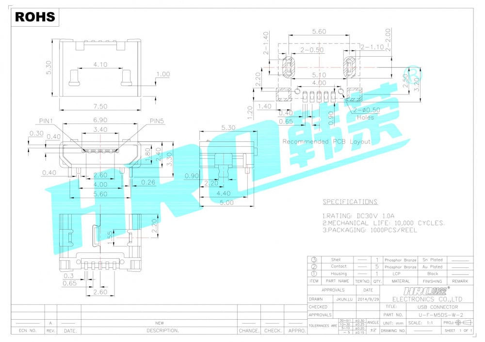 HRO U-F-M5DS-W-2 USB connector technical drawing