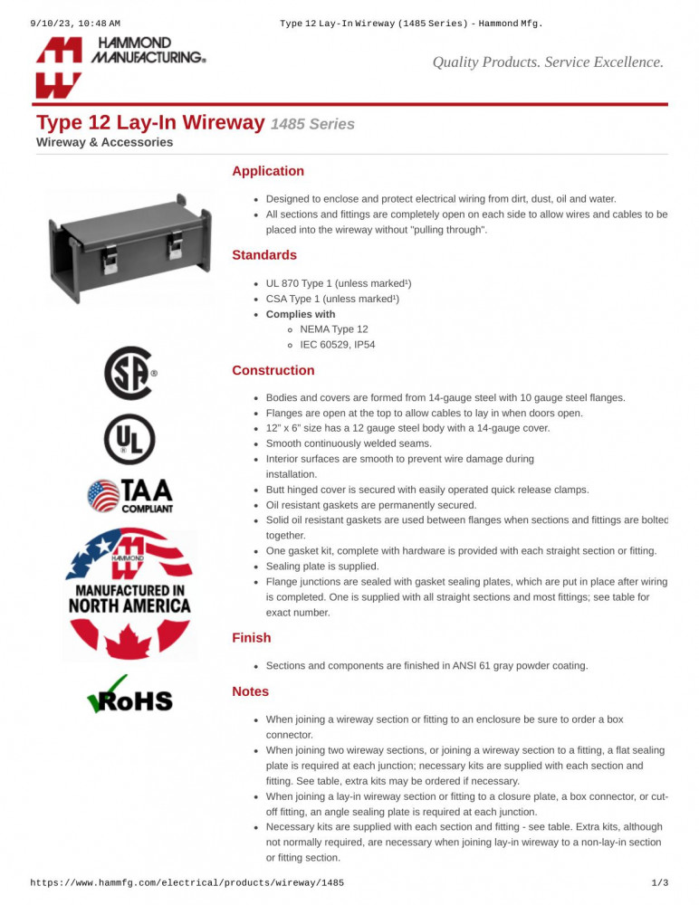 Hammond 1485 Series technical document page 1