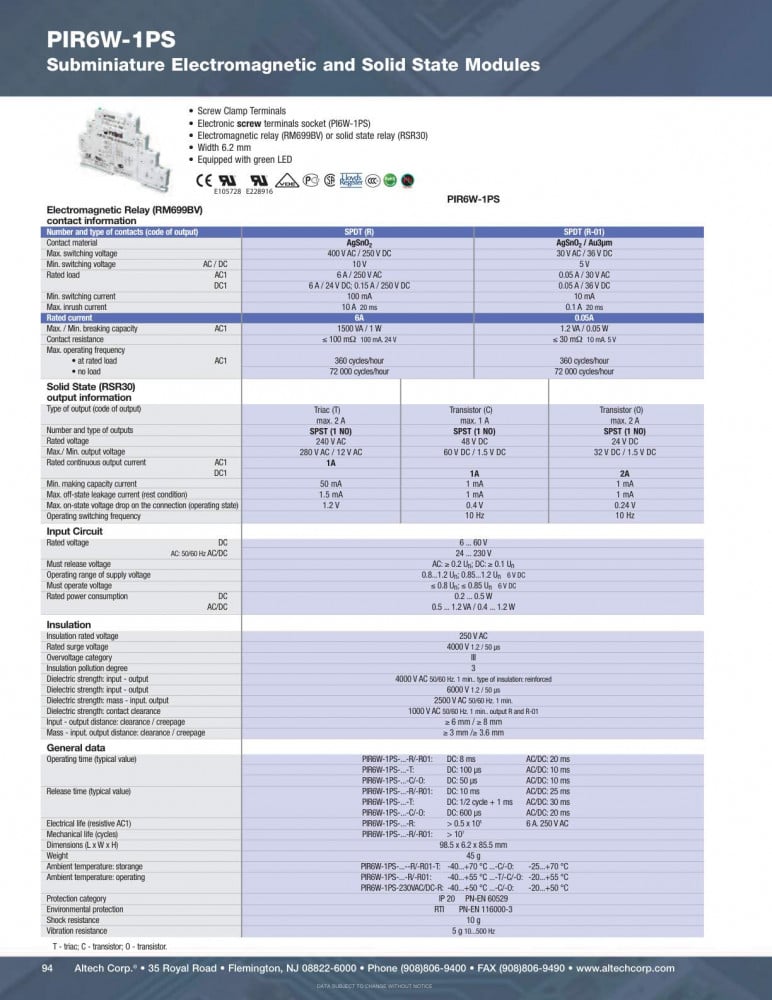 Altech PIR6W-1PS relay module datasheet page 1