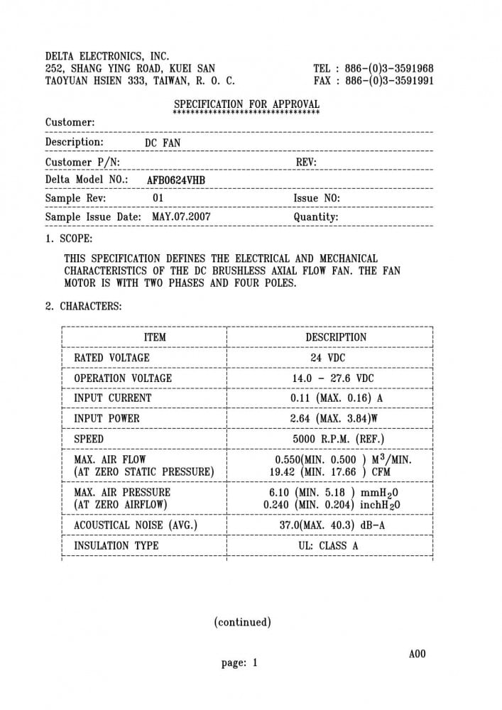 AFB0624VHB specification page 1