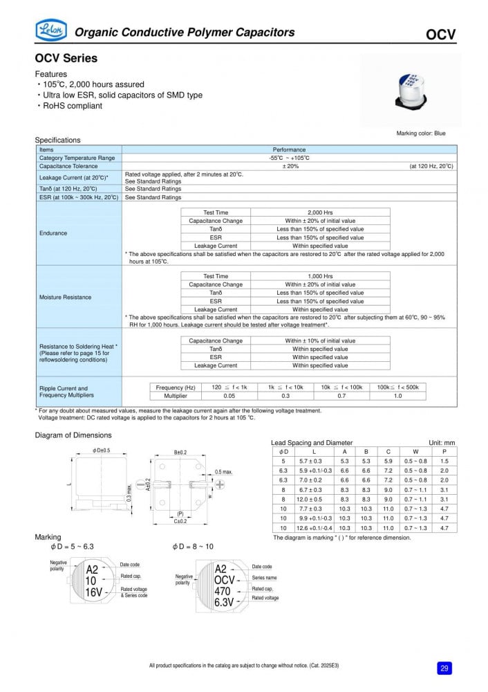 Lelon OCV series datasheet page 1