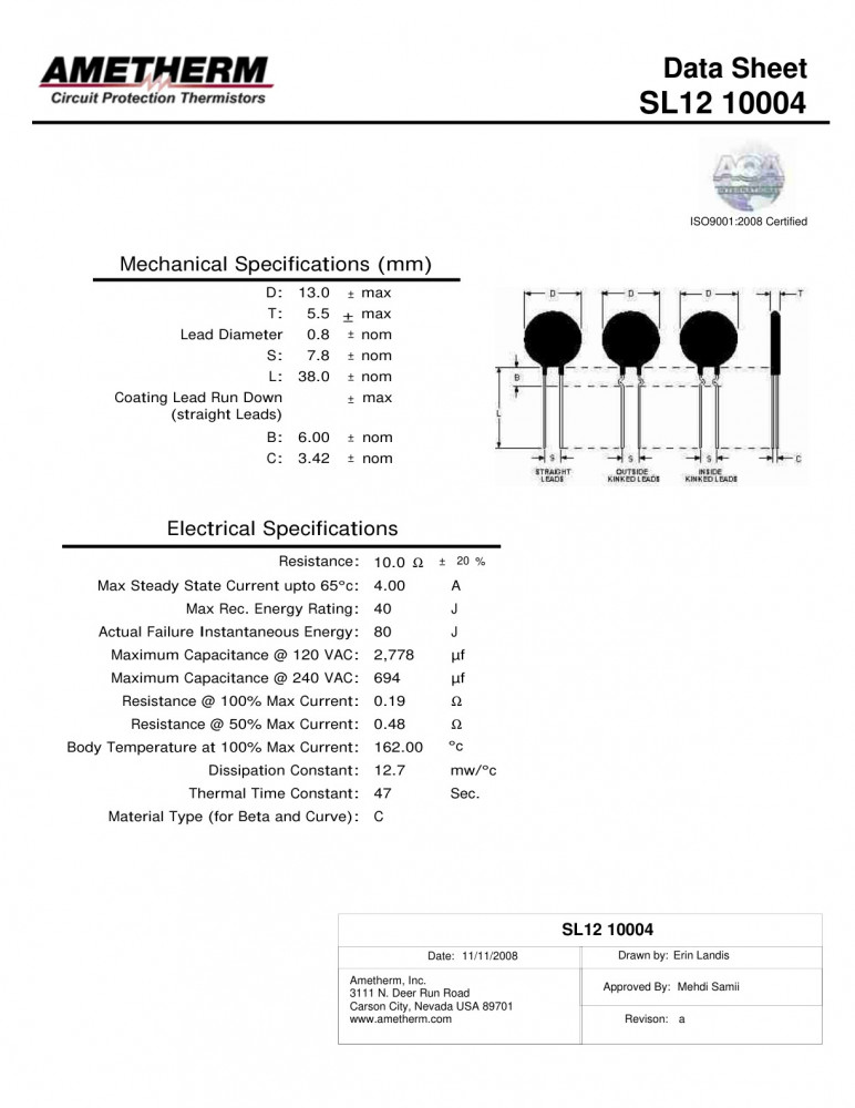Ametherm SL12 10004-A technical document page