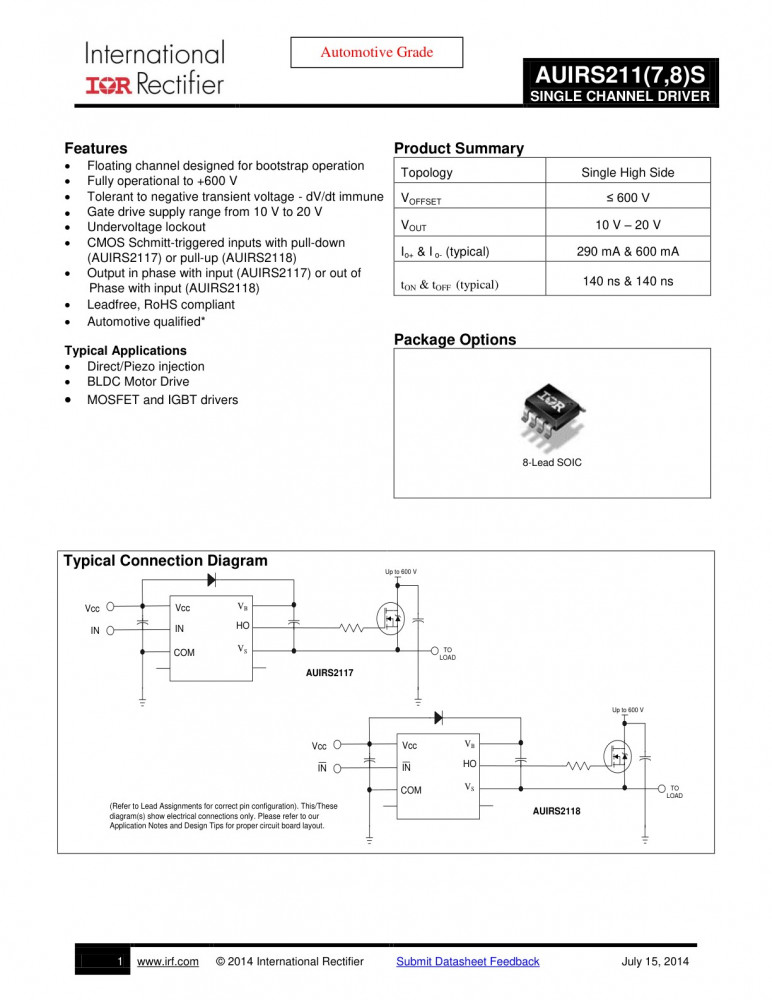 AUIRS2118STR datasheet page 1