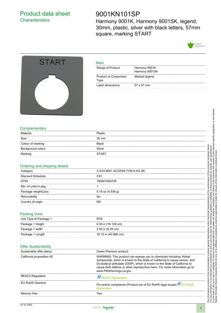 9001KN101SP technical document page 1
