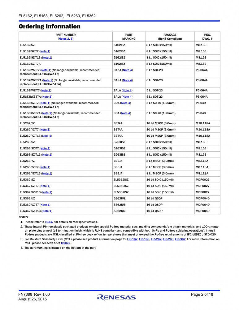 EL5262 family datasheet page 2