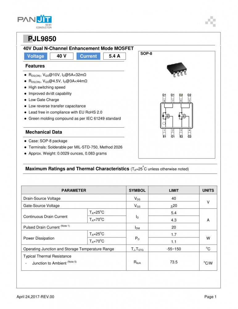 PJL9850 datasheet page 1