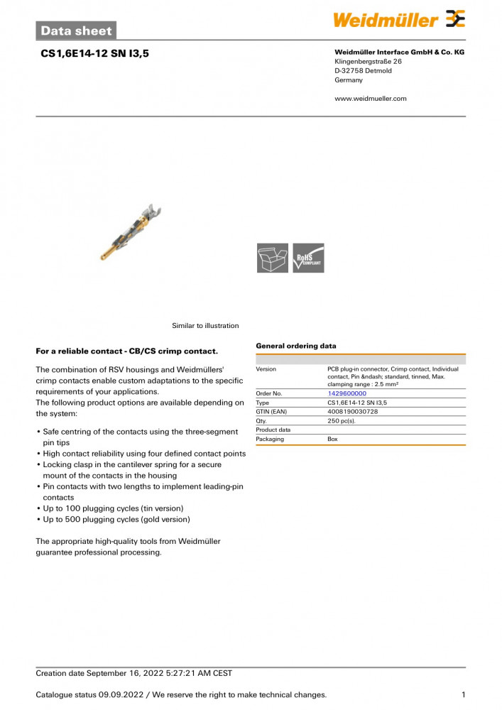 WEIDMULLER 1429600000 technical document page 1