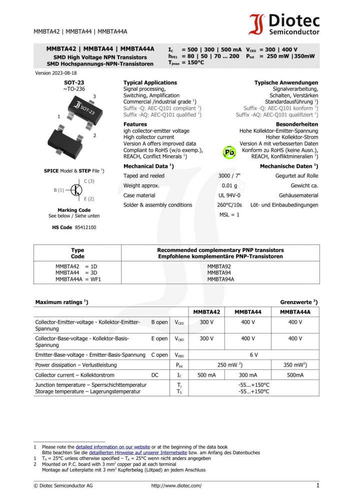 MMBTA42 datasheet page 1