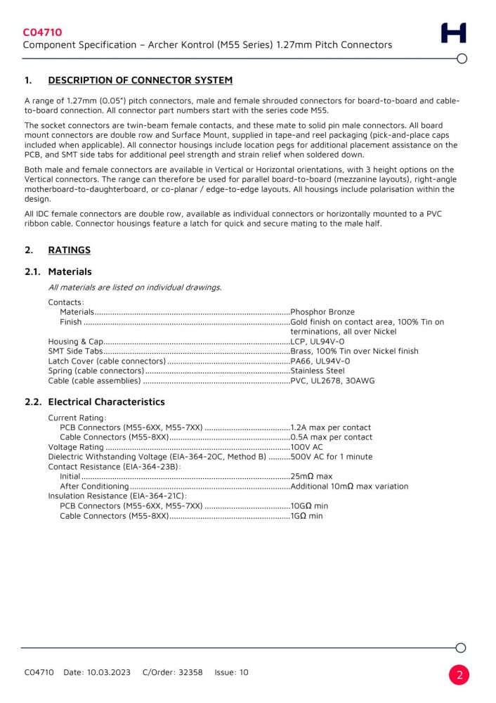 Harwin M55 specification page 2