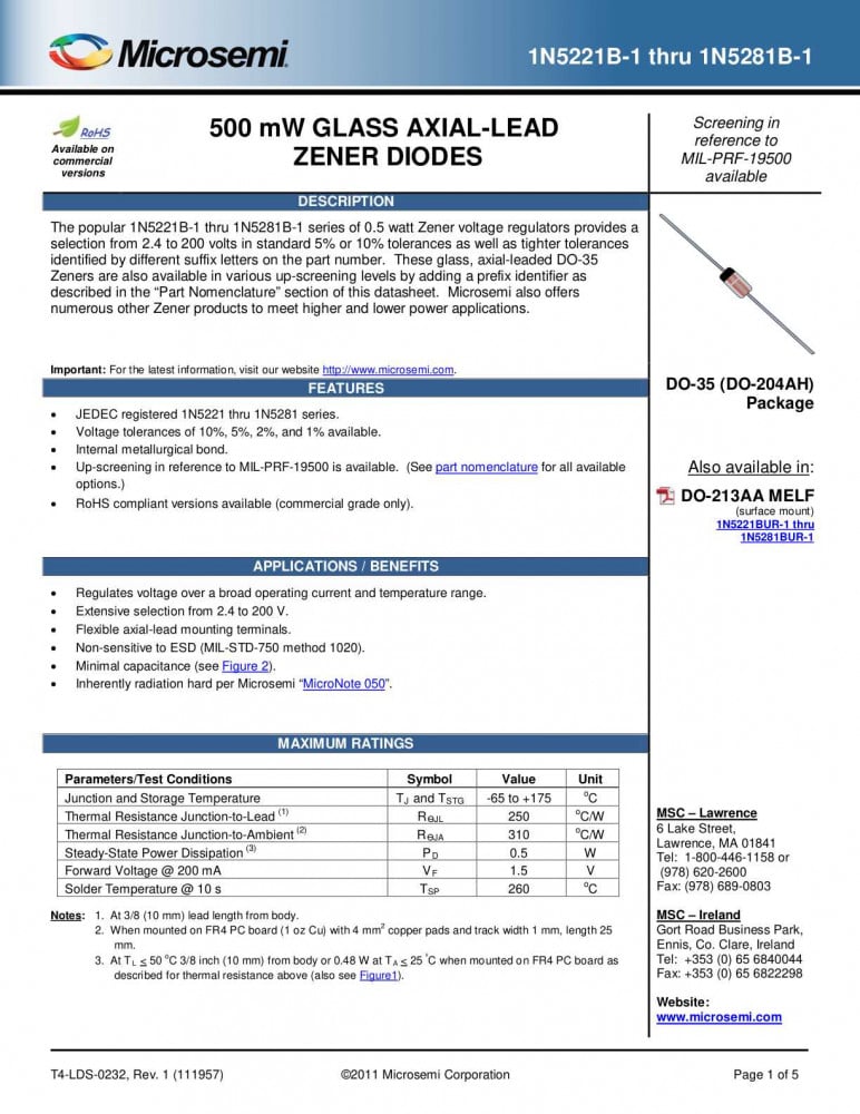 1N5257BE3 datasheet page 1
