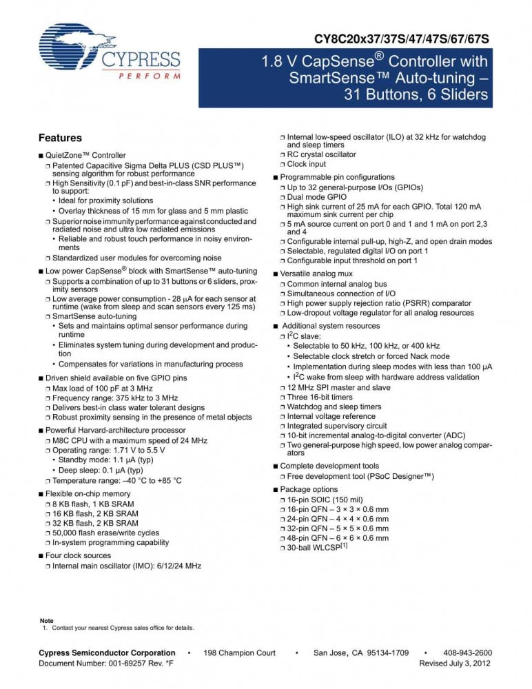 AEK-CY8C20XX7 technical document page 1