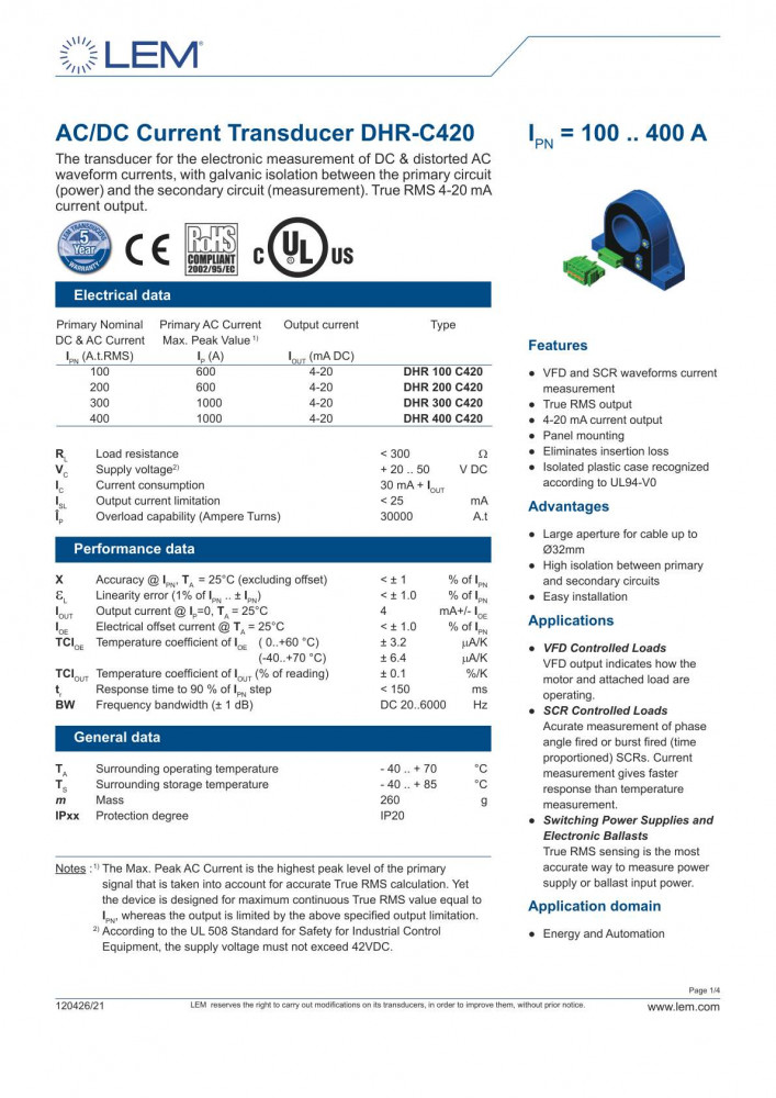 LEM DHR C420 technical document page 1