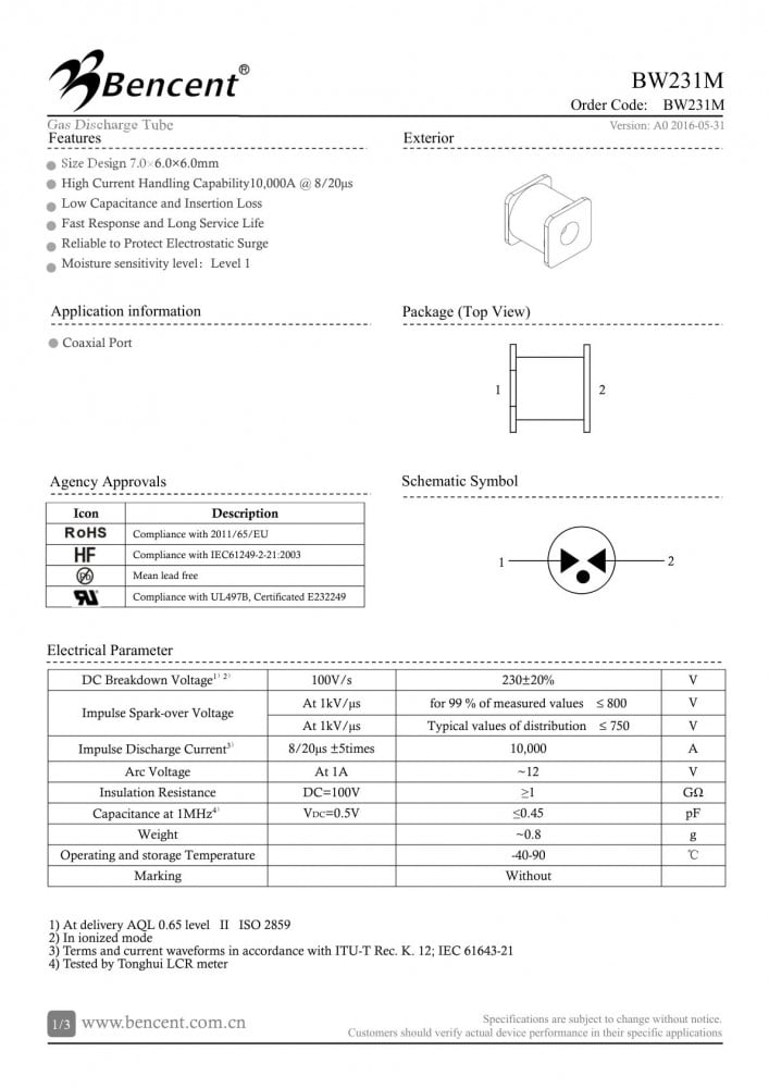 BW231M datasheet page 1