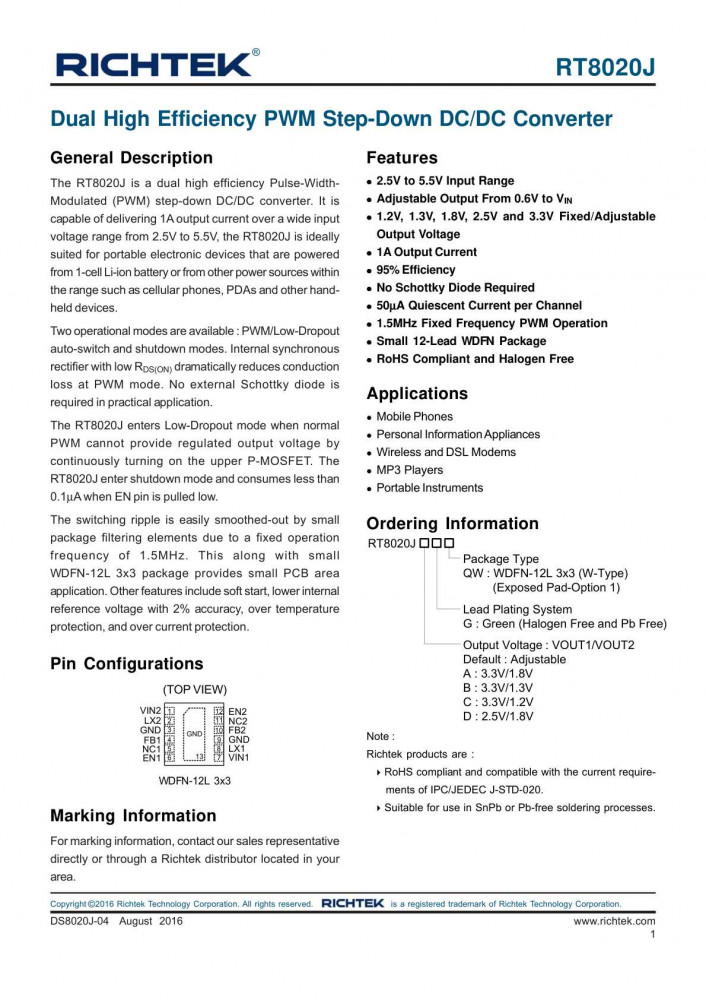 RT8020J datasheet page 1