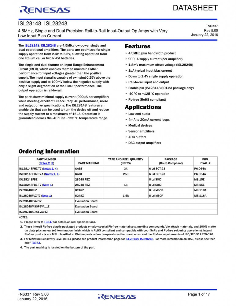 ISL28148 and ISL28248 datasheet page 1