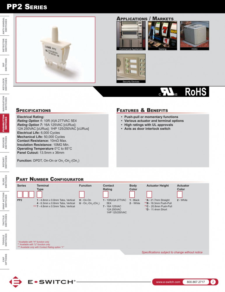 E-Switch PP2 series specification page 1