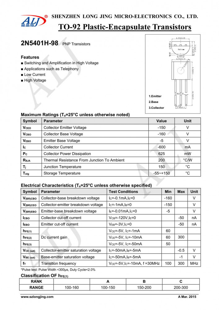 2N5401H-98 technical document page 1