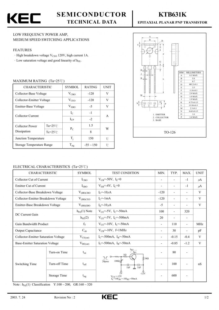 KEC KTB631K-Y-U/PH datasheet page 1