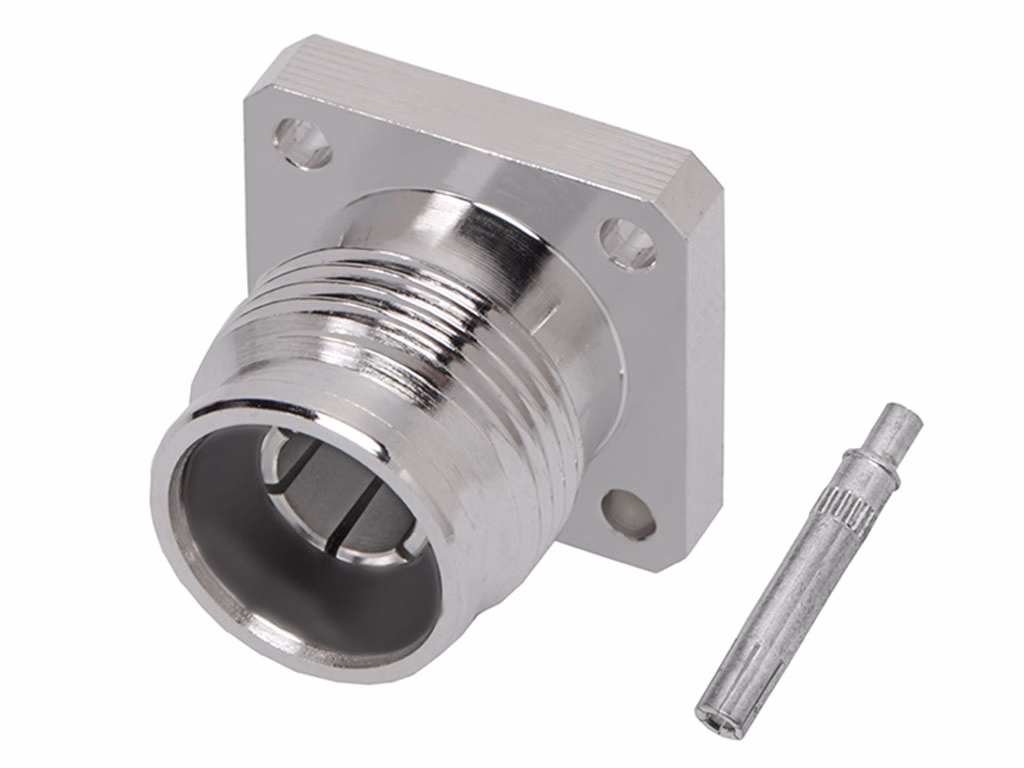 Precision Test Connector, 1.85mm PCB Jack Receptacle, 2-Hole Flange Mount, Solderless Compression Contact, Microstrip, with Screws, 0.56-2.54mm PCB Thickness, 50 Ohms