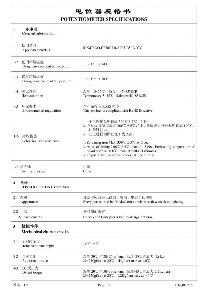 CTR potentiometer specification page 1