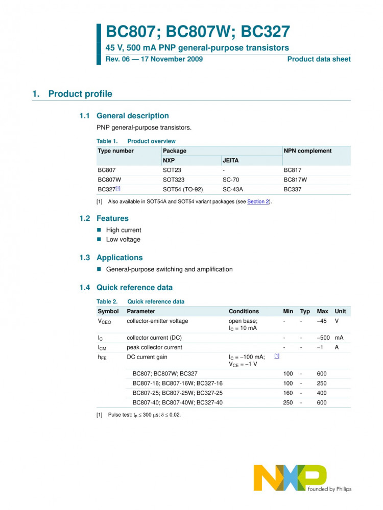 BC807 datasheet page 1