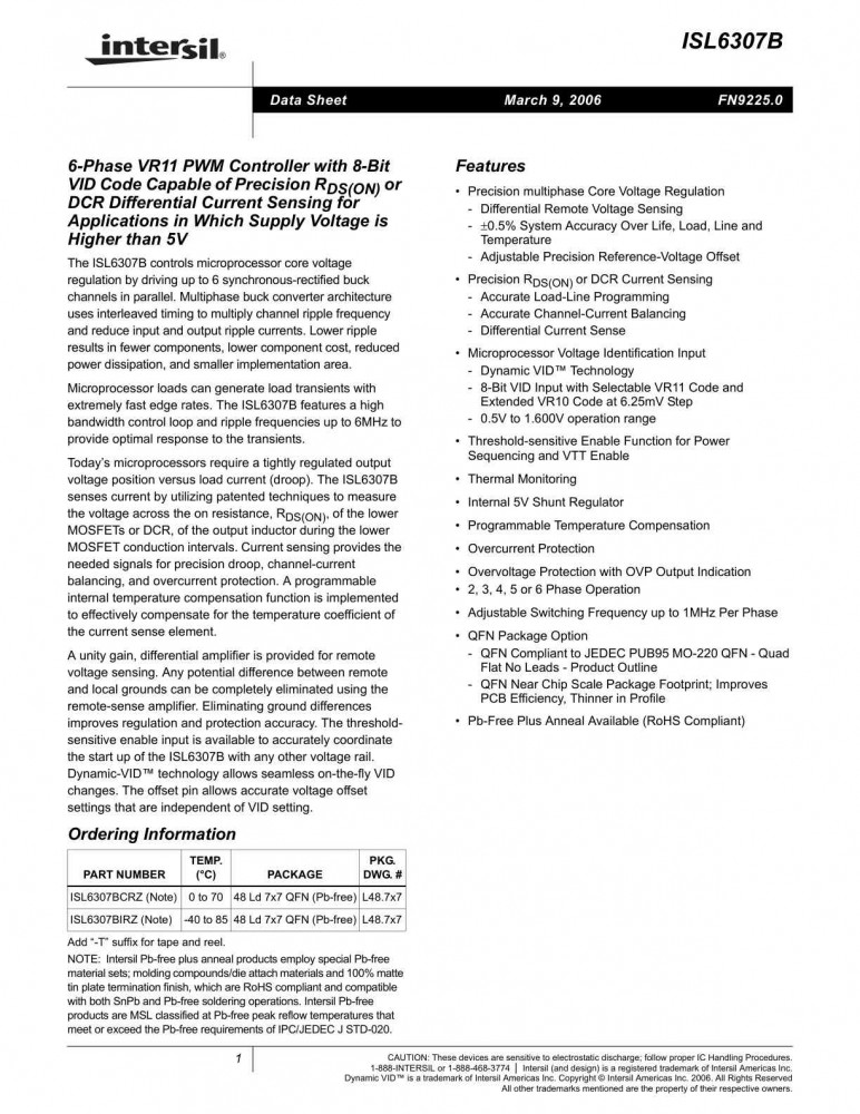 ISL6307BIRZ technical document page 1