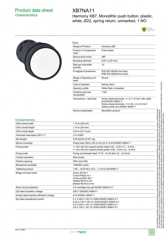 XB7NA11 technical document page 1