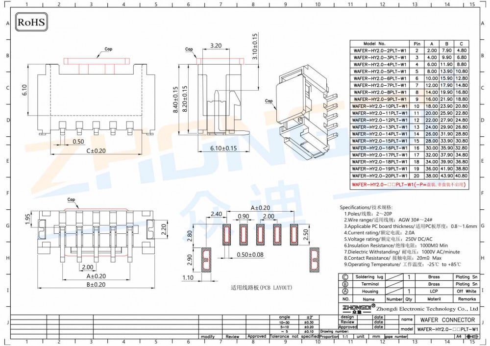 Zhongdi WAFER-HY2.0-5PLT-W1-P technical drawing page 1