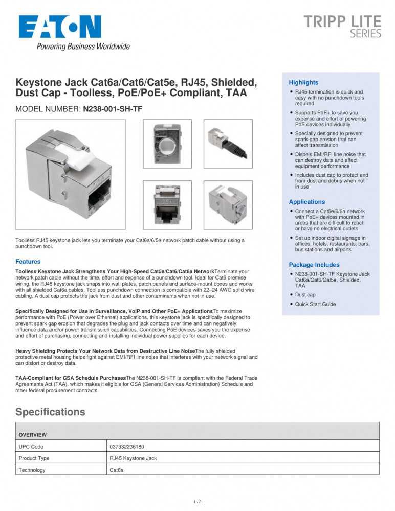 EATON N238-001-SH-TF technical document page 1