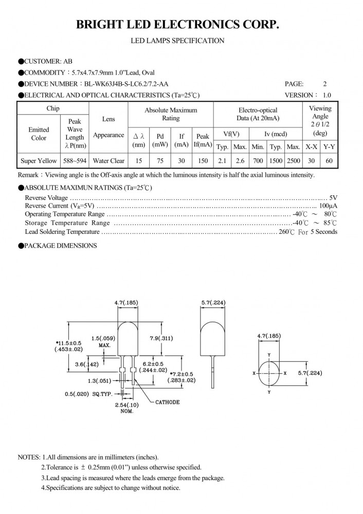 BL-WK63J4B-S-LC6.2-7.2-AA datasheet page 2: electrical and optical characteristics and package dimensions