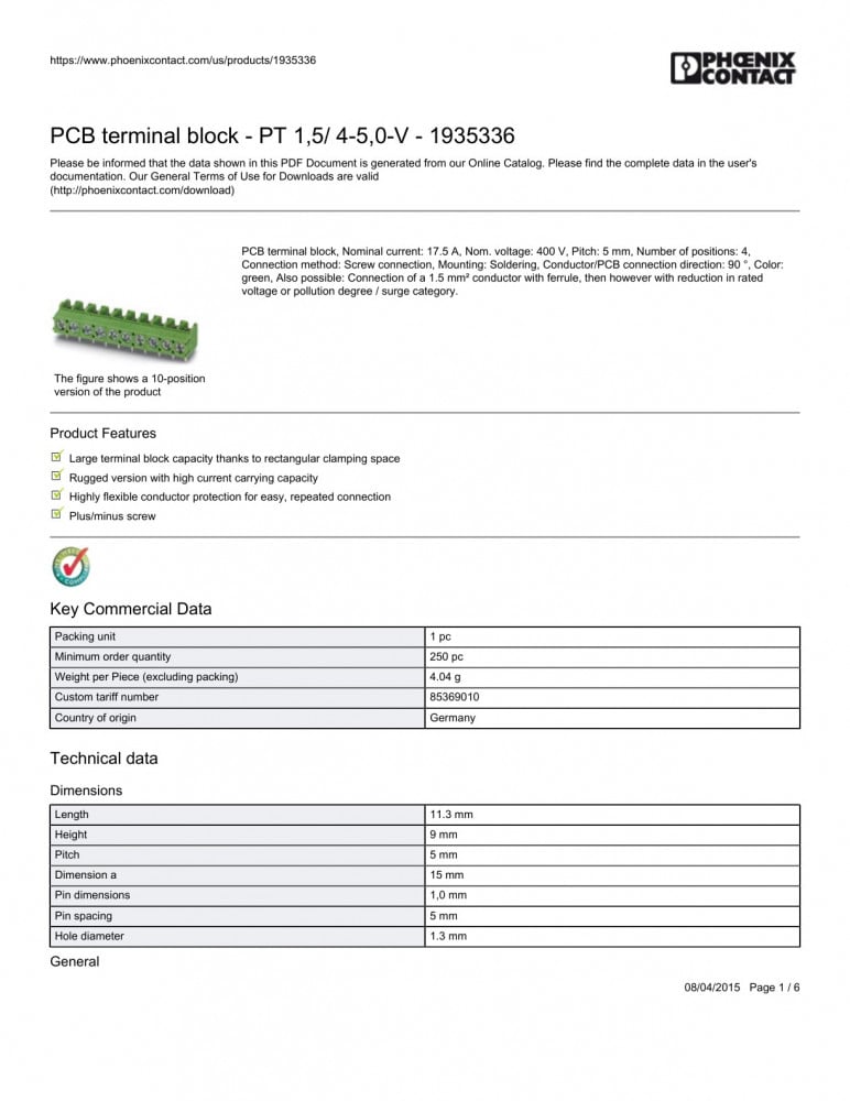 Phoenix Contact 1935336 product specification page 1