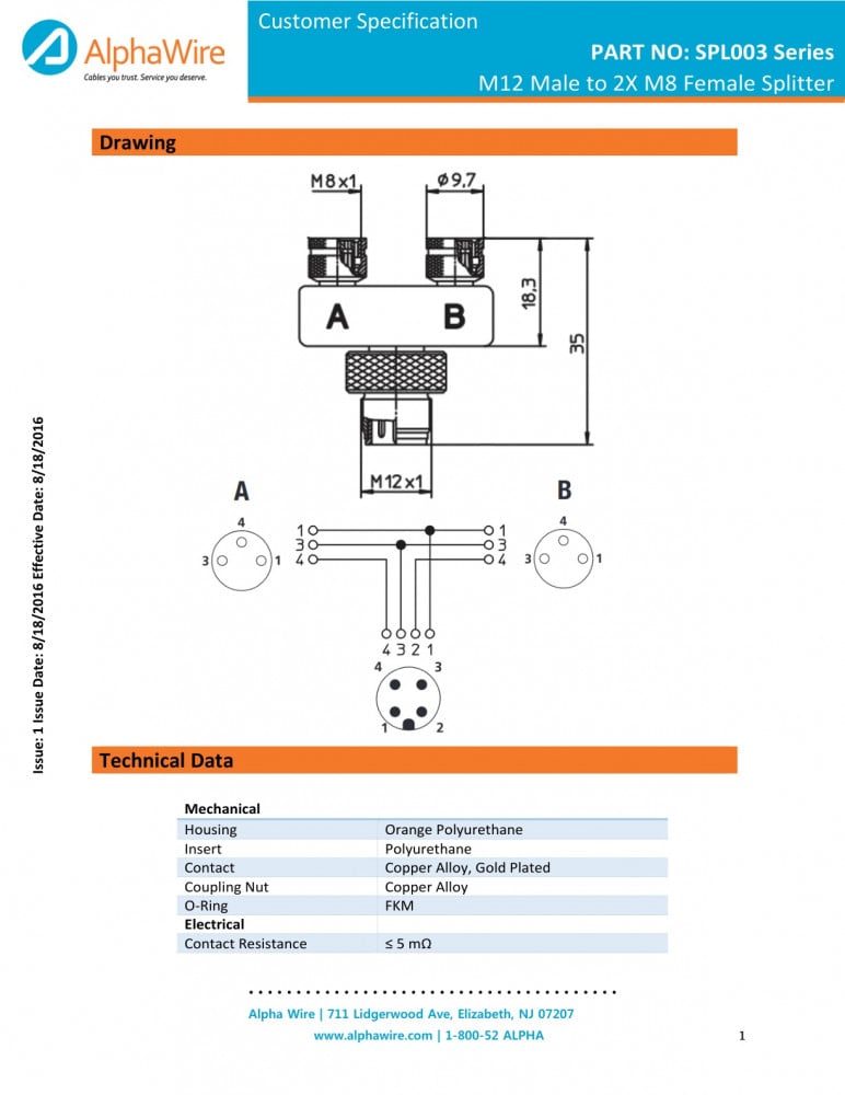 Alpha Wire SPL003 OR032 technical document page 1