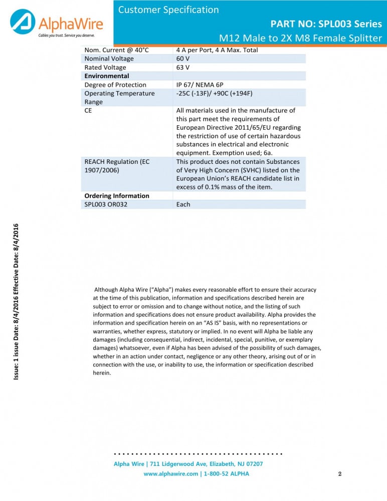 Alpha Wire SPL003 OR032 technical document page 2