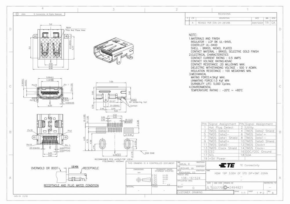 TE Connectivity 2494821-1 controlled drawing page 1