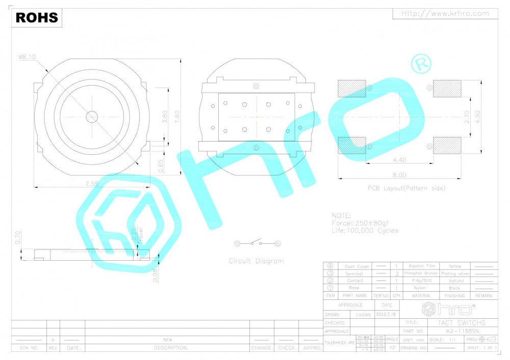 K2-1188SN tactile switch technical drawing and materials table