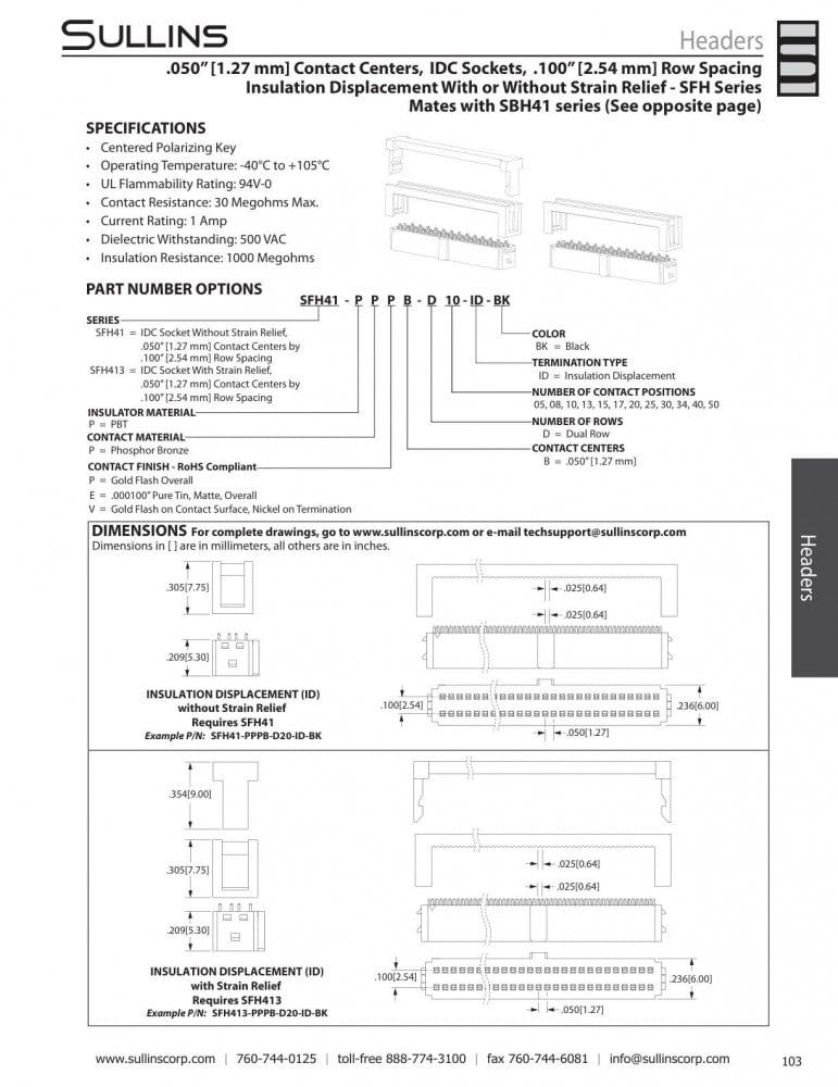 Sullins SFH413 series IDC socket specification page