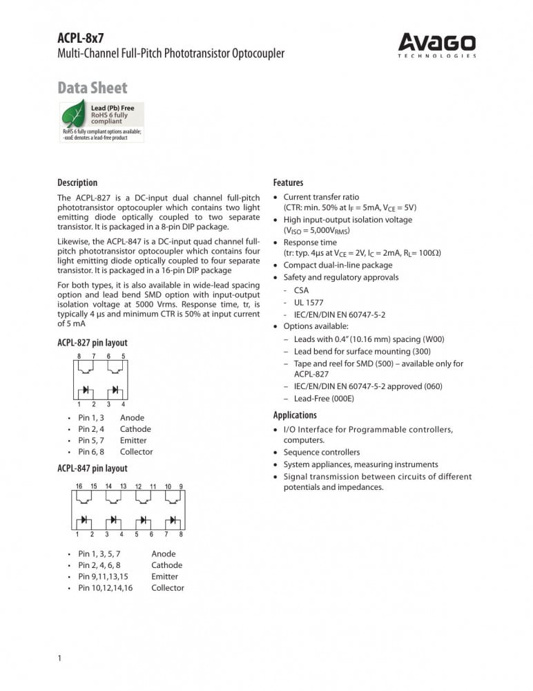 ACPL-827-300E datasheet page 1
