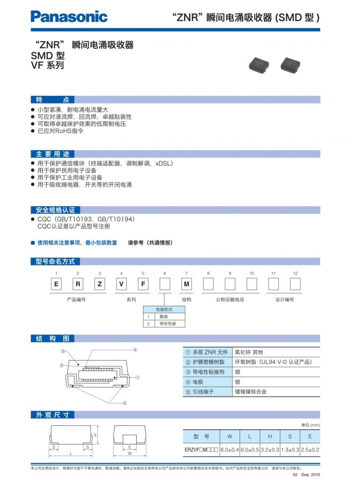 PANASONIC ZNR VF series document page 1