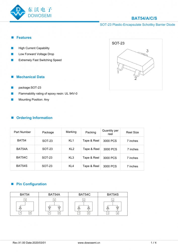 DOWO BAT54C datasheet page 1