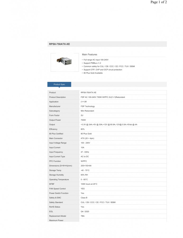RPS8-750ATX-XE technical document page 1