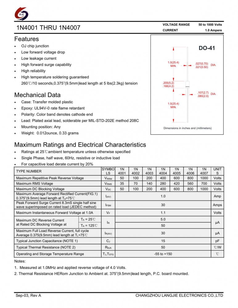 LangJie 1N4001 datasheet page 1