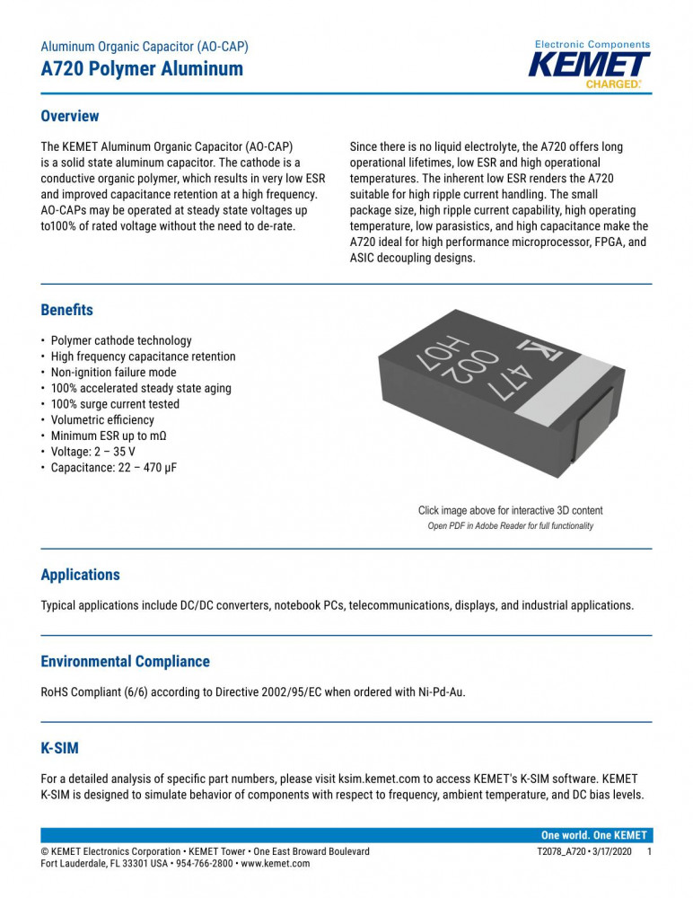 KEMET A720 datasheet page 1