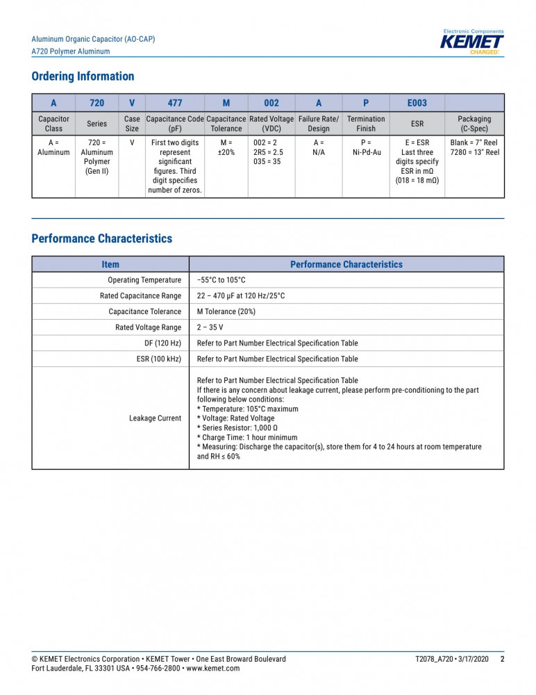 KEMET A720 datasheet page 2