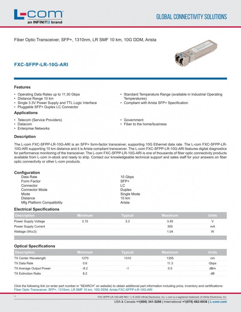 FXC-SFPP-LR-10G-ARI datasheet page 1