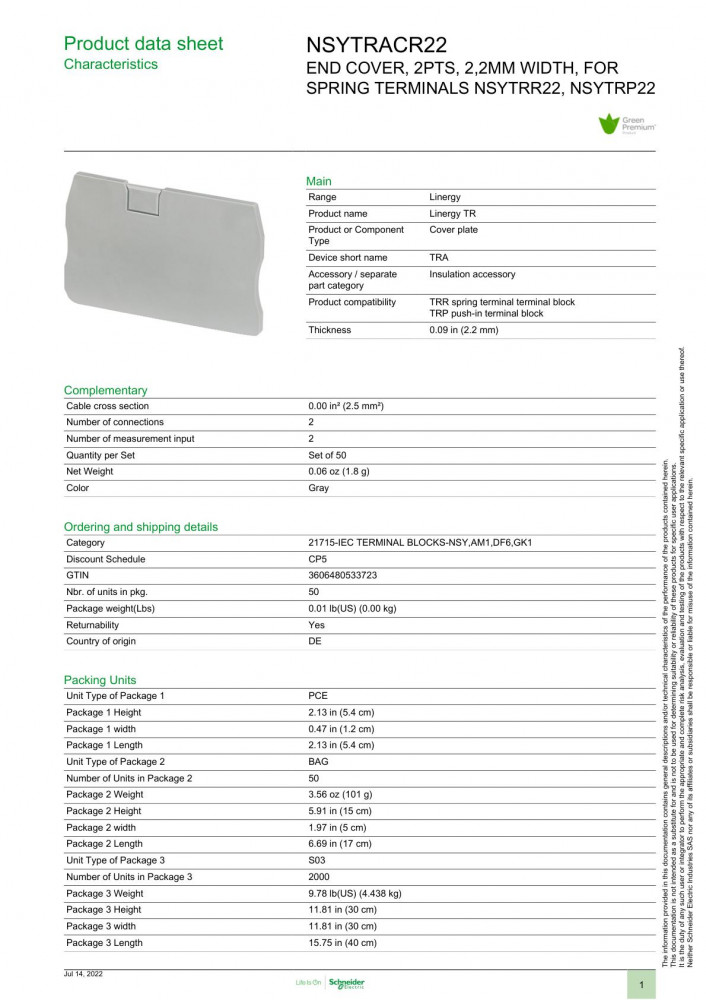 NSYTRACR22 product datasheet page 1