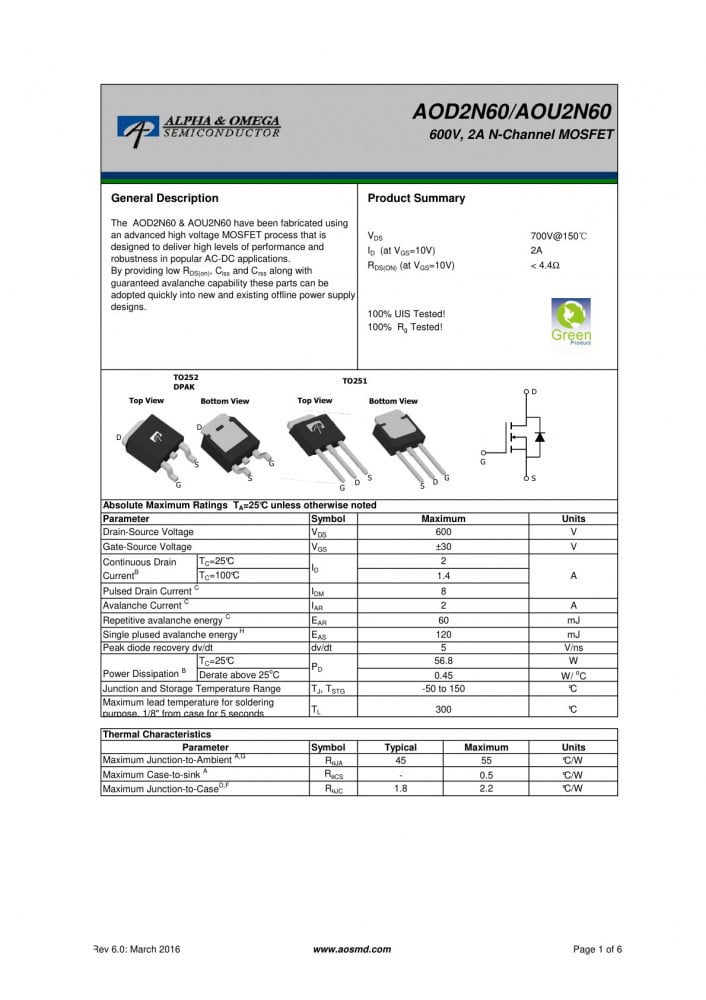 AOD2N60 datasheet page 1