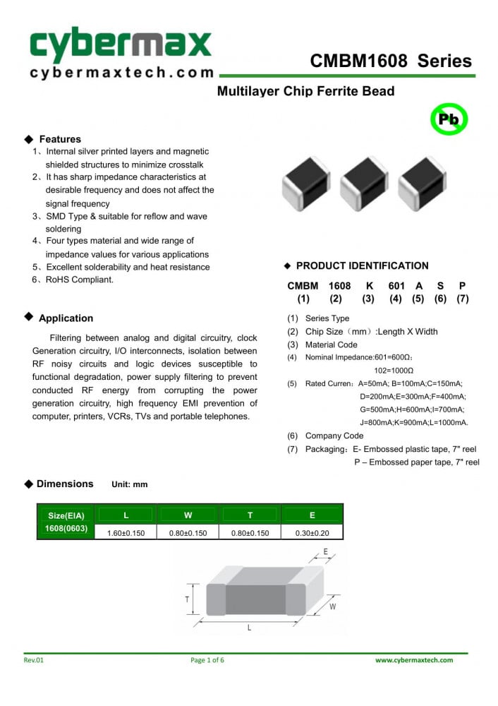Cybermax CMBM1608 series datasheet page 1