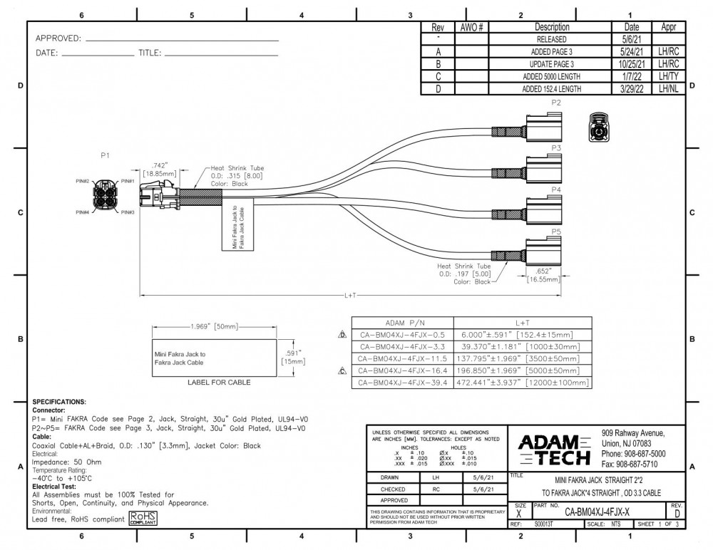 ADAM TECH cable assembly drawing, page 1