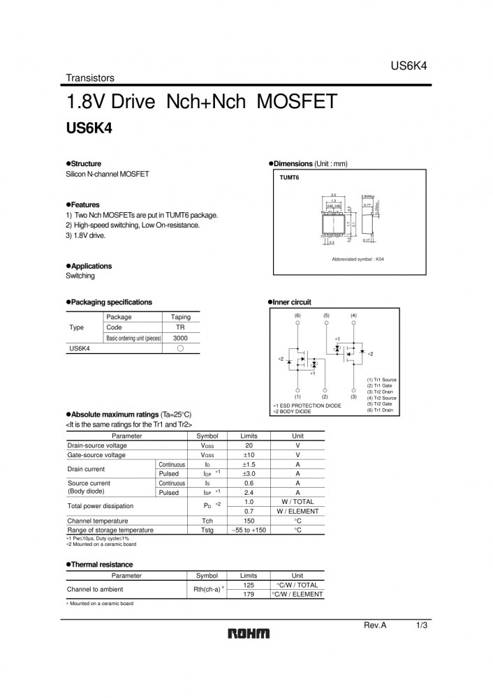 ROHM US6K4TR datasheet page 1
