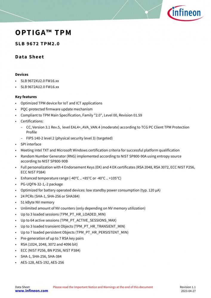 SLB9672 datasheet page 1